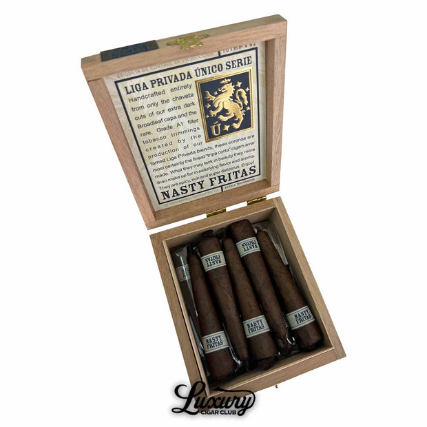 Open wooden box containing five Liga Privada Único Serie Nasty Fritas ...